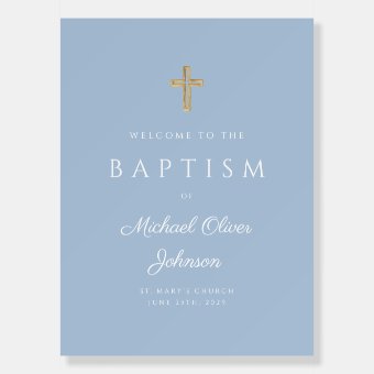 Elegant Religious Baby Blue Boy Baptism Welcome Foam Board | Zazzle