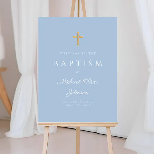 Elegant Religious Baby Blue Boy Baptism Welcome Foam Board | Zazzle