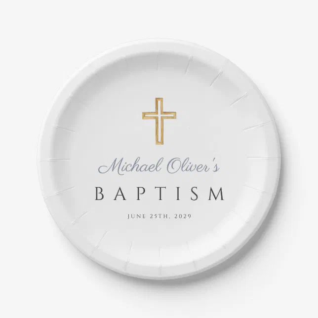 Elegant Religious Cross Blue Boy Baptism Paper Plates | Zazzle