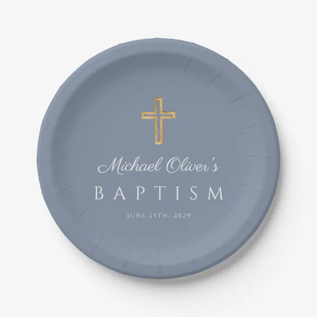 Elegant Religious Cross Dusty Blue Boy Baptism Paper Plates | Zazzle