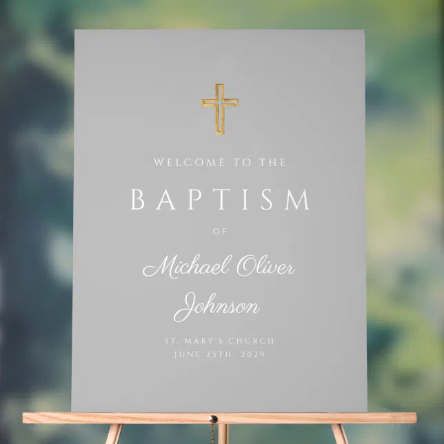 Elegant Religious Gray Boy Baptism Welcome Acrylic Sign | Zazzle