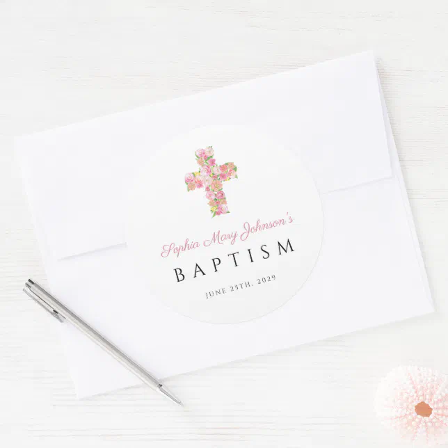 Elegant Religious Pink Floral Cross Baptism Classic Round Sticker | Zazzle