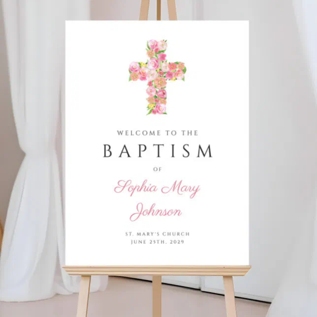 Elegant Religious Pink Floral Cross Baptism Foam Board | Zazzle