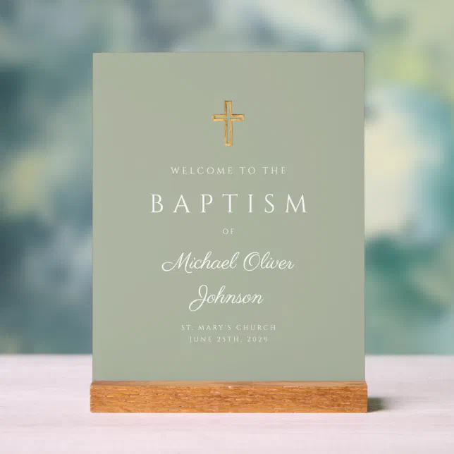 Elegant Religious Sage Green Boy Baptism Welcome Acrylic Sign | Zazzle