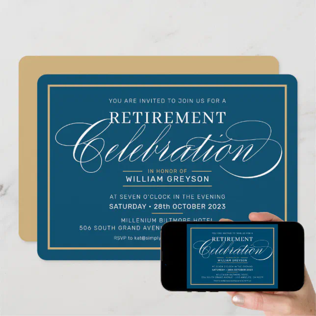 ELEGANT RETIREMENT DINNER modern dark blue gold Invitation | Zazzle
