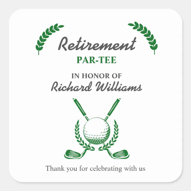 Elegant Retirement Golf Club Wreath Themed Party Square Sticker | Zazzle