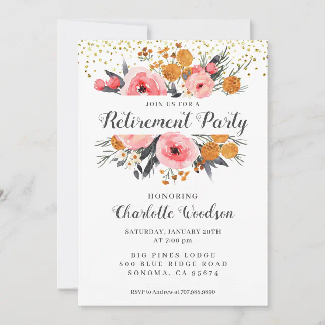 Elegant Retirement Party | Floral Blush Pink Gold Invitation | Zazzle