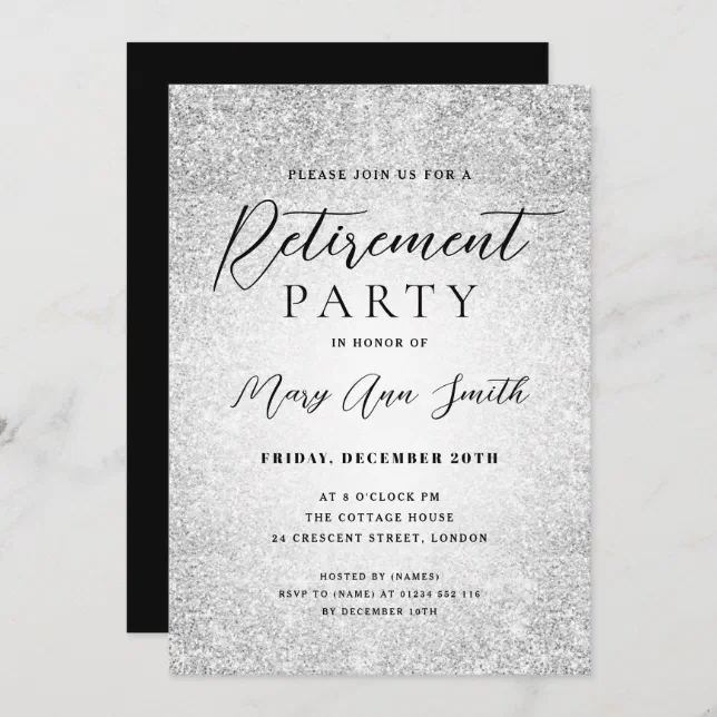 Elegant Retirement Party Glam Silver Glitter Invitation | Zazzle