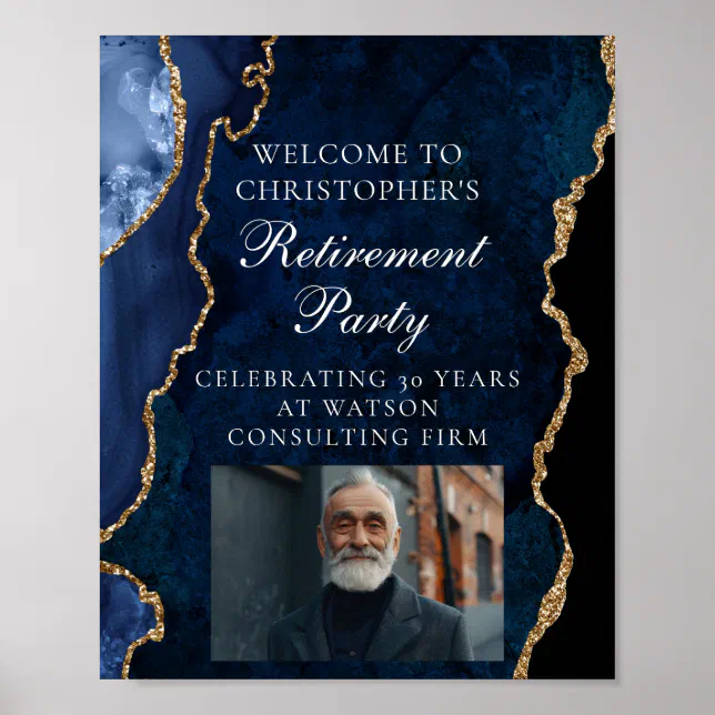 Elegant Retirement Party Photo Navy Blue Gold Poster | Zazzle