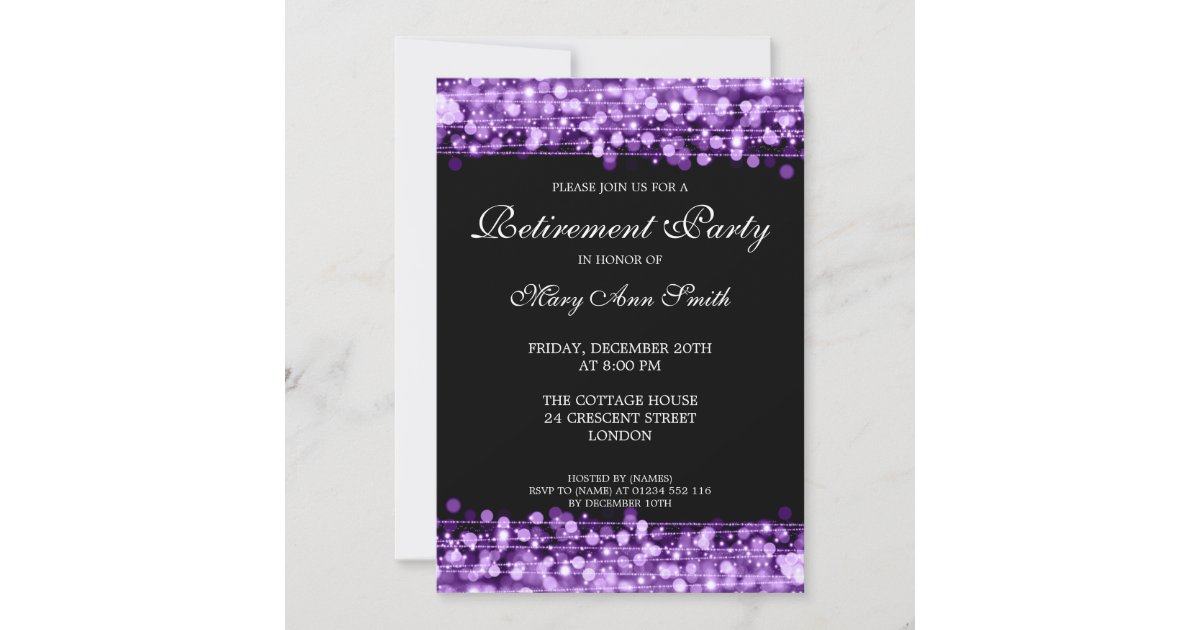 Elegant Retirement Party Purple Sparkles Invitation | Zazzle