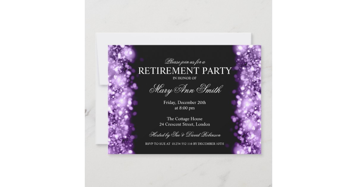 Elegant Retirement Party Purple Sparkling Lights Invitation | Zazzle
