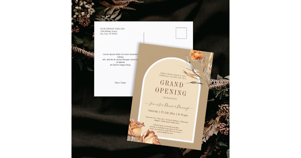 Elegant Retro Arch Flower Business Grand Opening Postcard | Zazzle