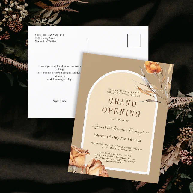 Elegant Retro Arch Flower Business Grand Opening Postcard | Zazzle