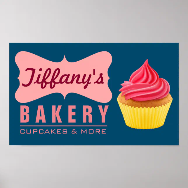 Elegant Retro Cute Cake Shop Pink Cupcake Bakery Poster | Zazzle