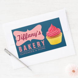 Elegant Retro Cute Cake Shop Pink Cupcake Bakery Rectangular Sticker ...