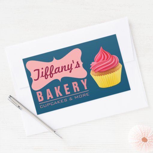 Elegant Retro Cute Cake Shop Pink Cupcake Bakery Rectangular Sticker ...