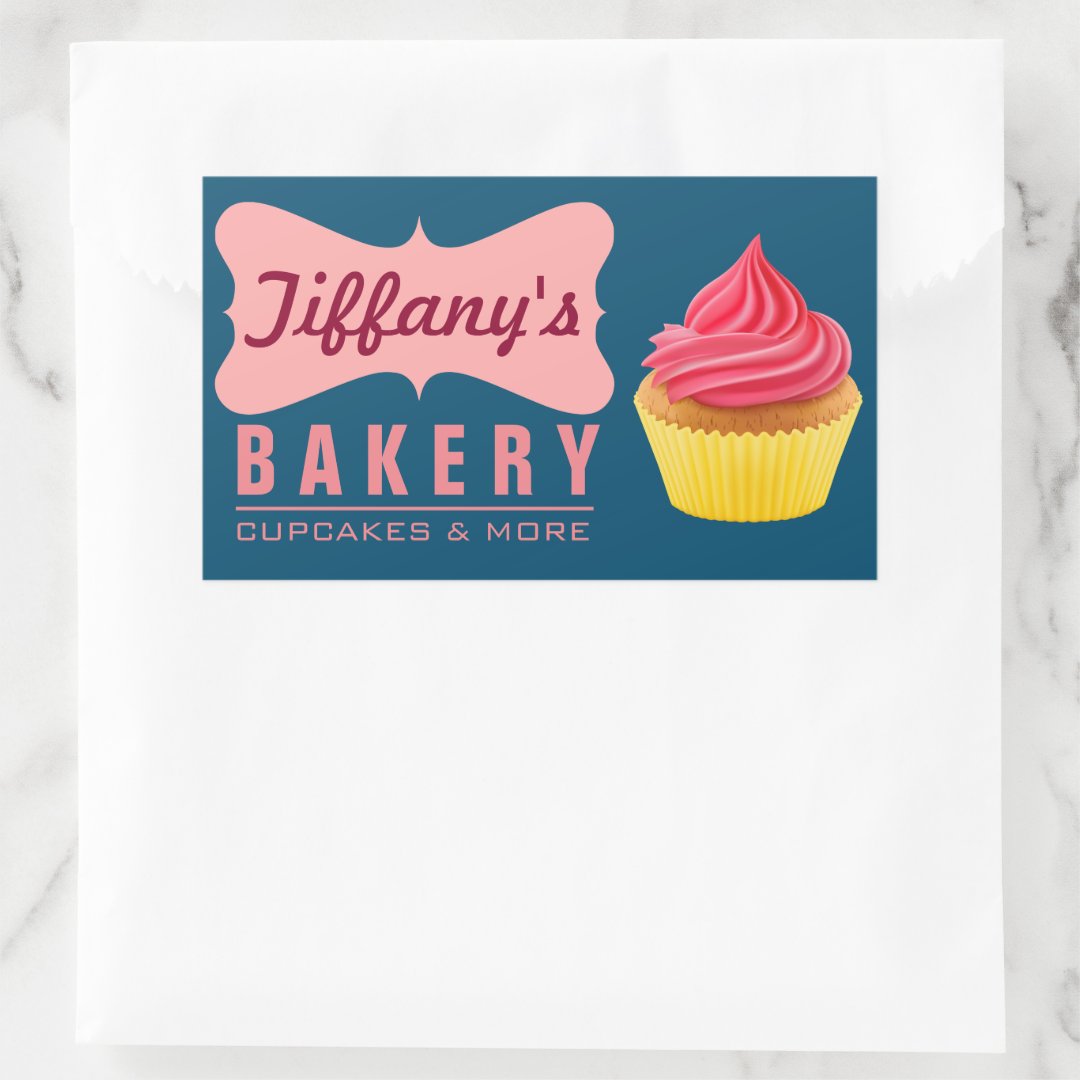 Elegant Retro Cute Cake Shop Pink Cupcake Bakery Rectangular Sticker ...