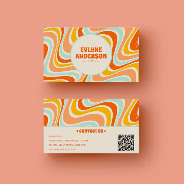 Elegant Retro Orange Blue QR Code Boho Groovy Business Card | Zazzle