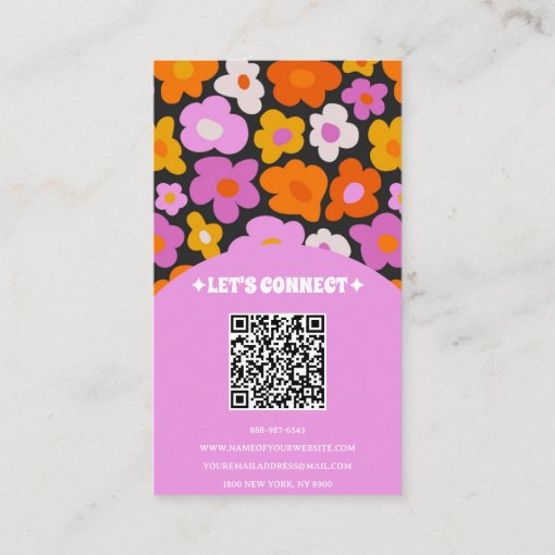 Elegant Retro Pink Colorful QR Code Groovy Floral Business Card | Zazzle