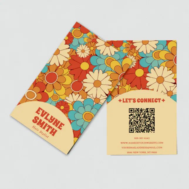 Elegant Retro QR Code Groovy Floral Trendy Boho Business Card | Zazzle