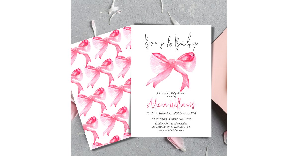 Elegant Ribbon Pink Bows and Baby Girl Baby Shower Invitation | Zazzle