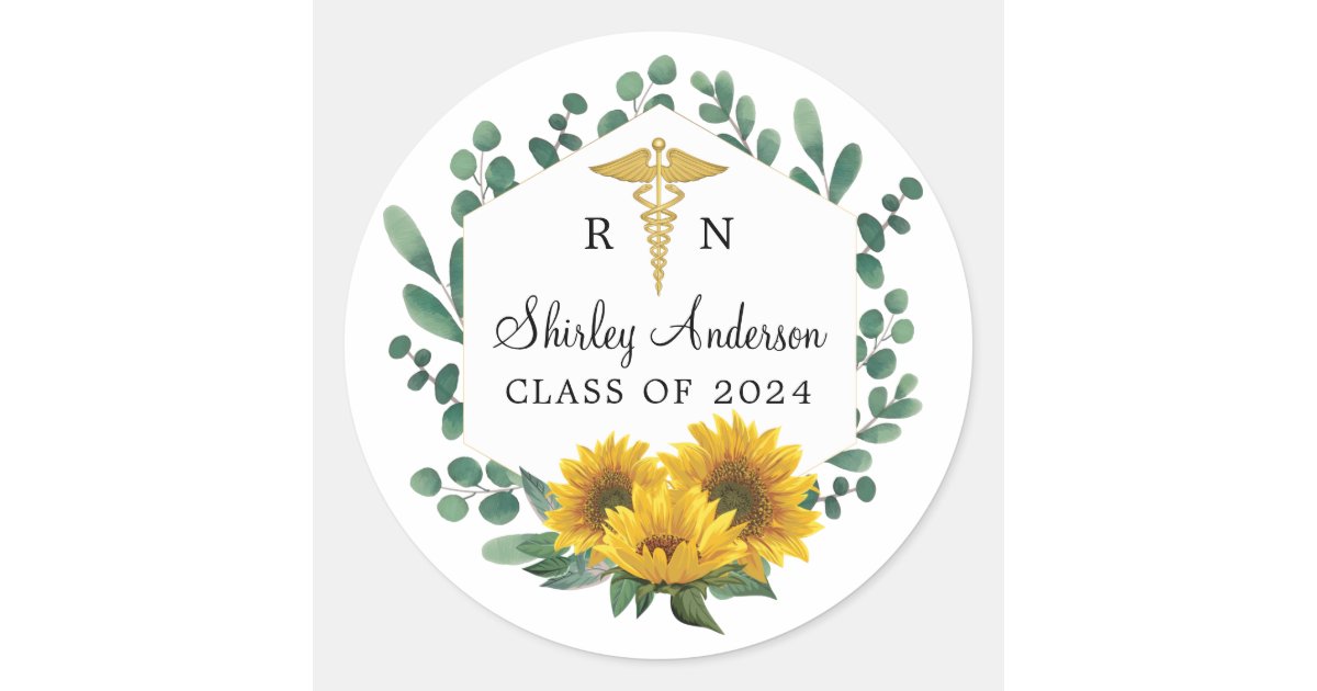 Elegant RN Sunflower Nurse Graduation Classic Round Sticker | Zazzle