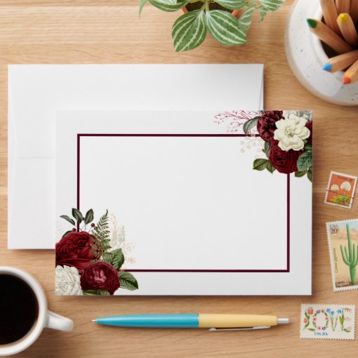 Elegant Romantic Burgundy Floral Border Envelope | Zazzle