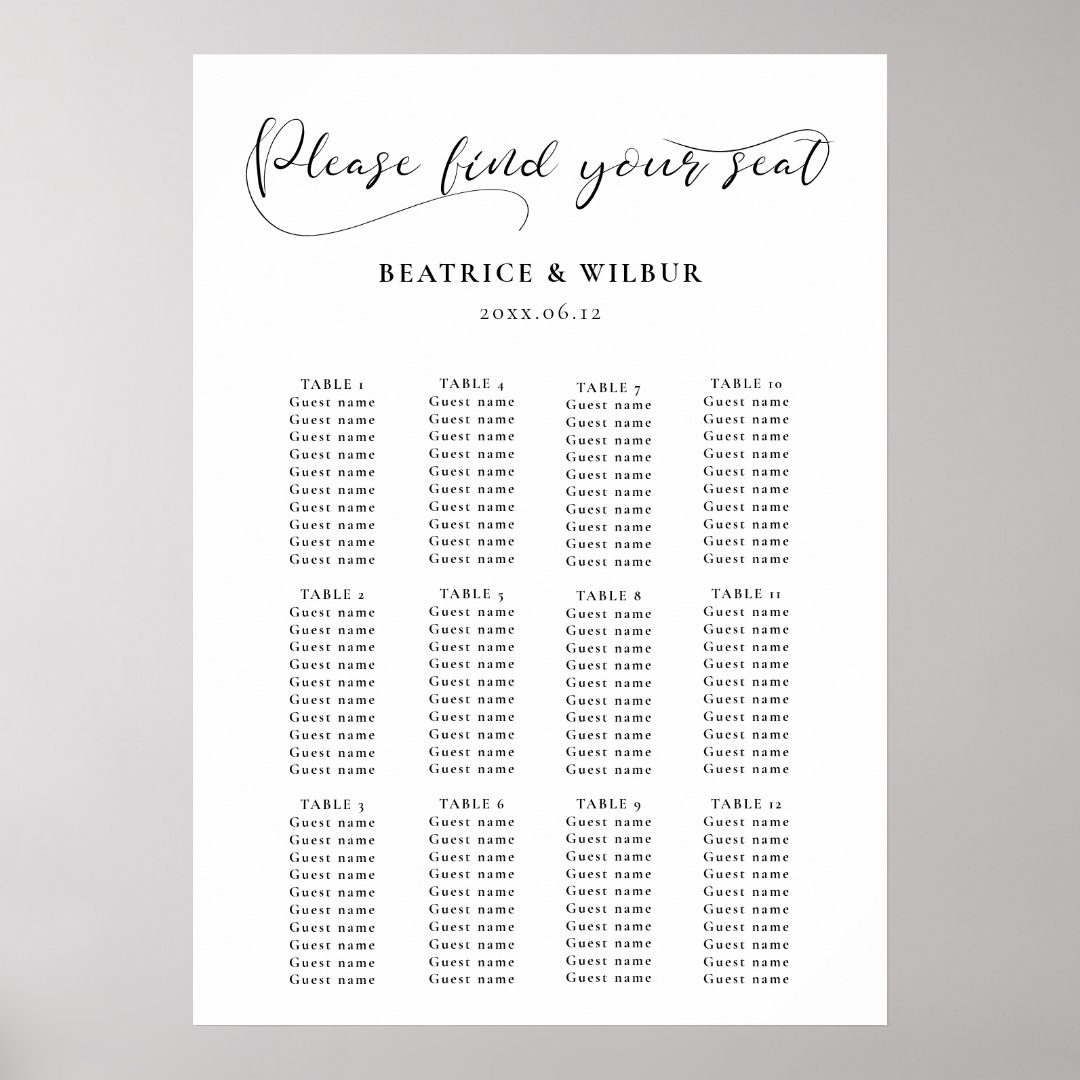 Elegant romantic calligraphy wedding seating chart | Zazzle
