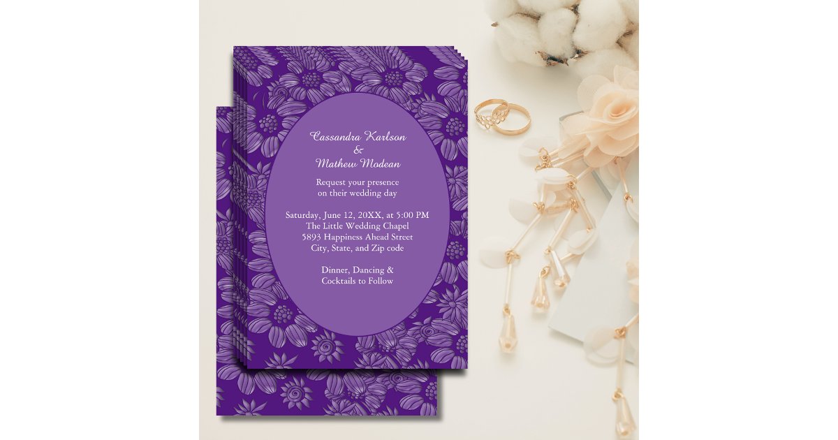 Elegant Romantic Daisies Floral Purple Wedding Invitation | Zazzle