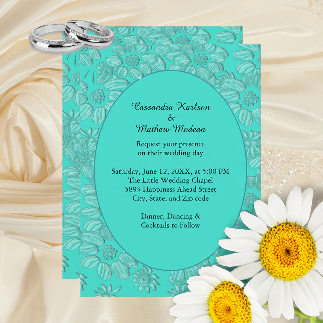 Elegant Romantic Daisies Floral Turquoise Wedding Invitation | Zazzle