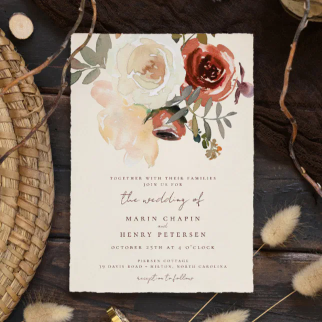 Elegant Romantic Fall Floral Red Wedding Invitation | Zazzle