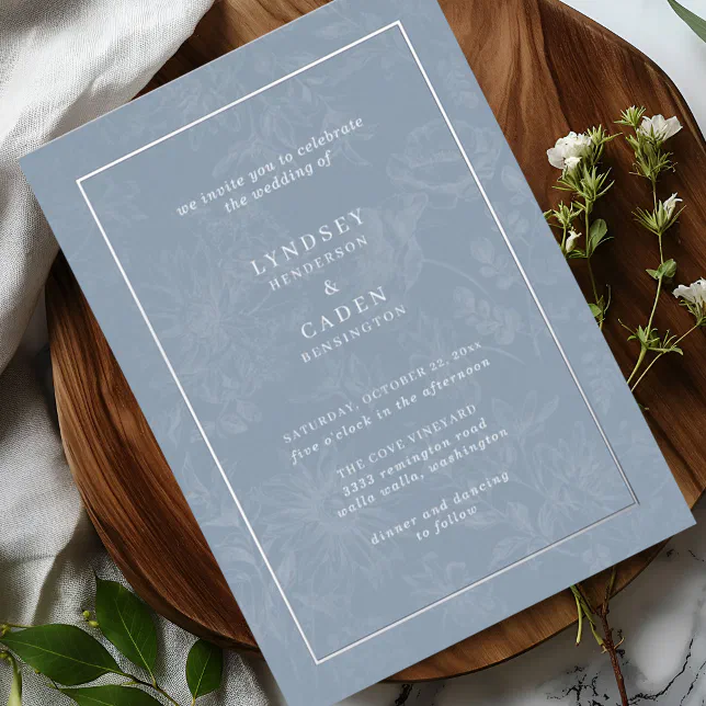 Elegant Romantic Floral Dusty Blue Wedding Silver Foil Invitation | Zazzle