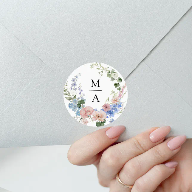 Elegant Romantic Floral Monogram Wedding Classic Round Sticker | Zazzle
