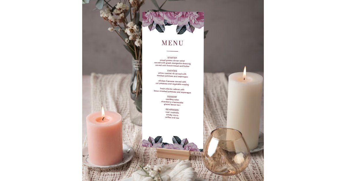 Elegant Romantic Floral Wedding Table Menu Card | Zazzle