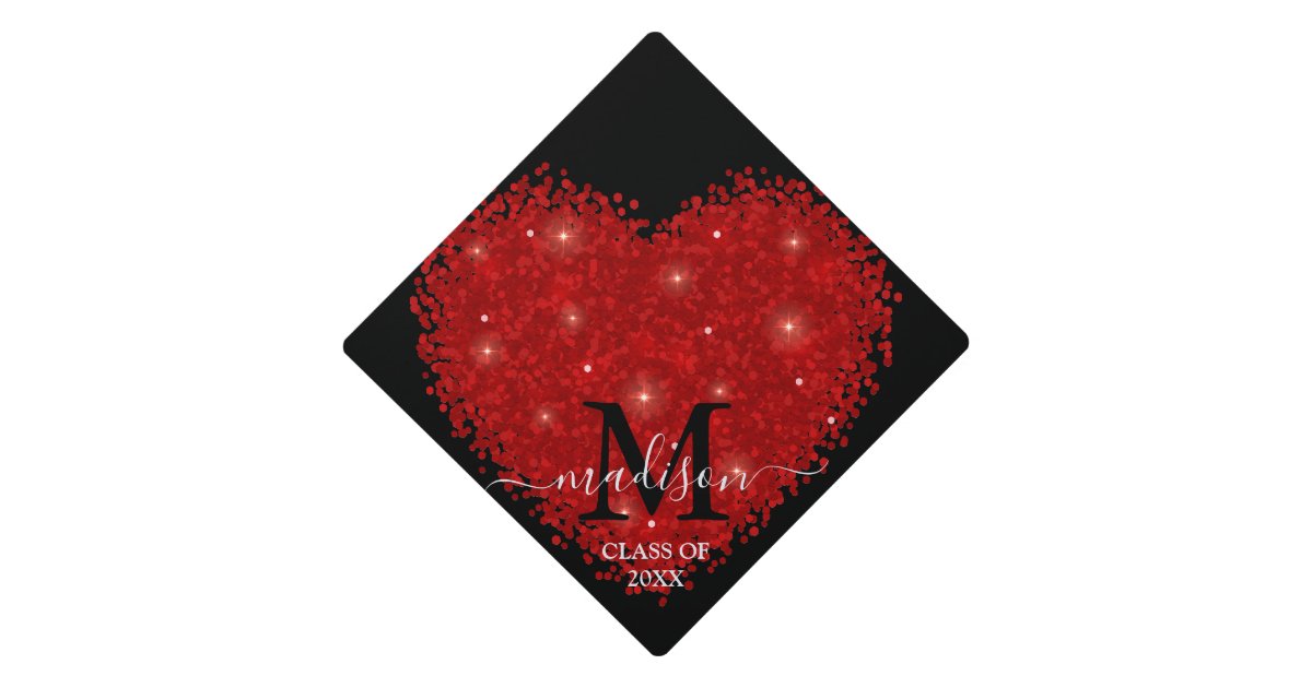 Elegant Romantic Red Glitter sparkling heart Graduation Cap Topper | Zazzle