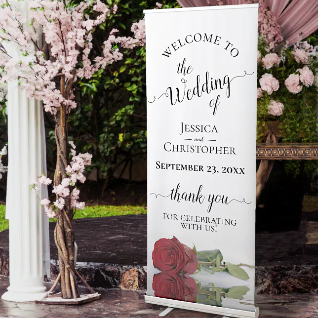 Elegant Romantic Red Rose Wedding Welcome Retractable Banner | Zazzle