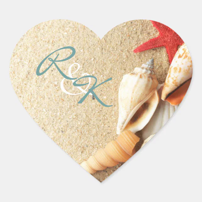 elegant romantic sand seashells beach wedding heart sticker | Zazzle