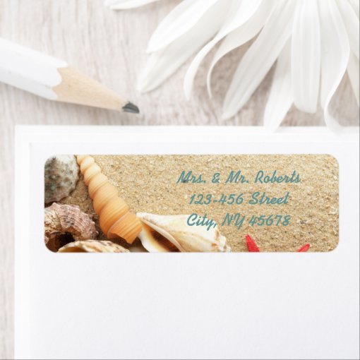 elegant romantic sand seashells beach wedding label | Zazzle