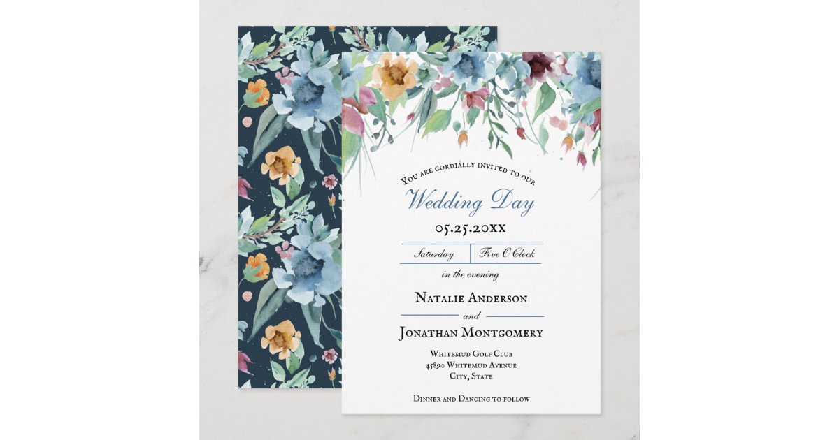 elegant romantic spring floral dusty blue wedding invitation | Zazzle