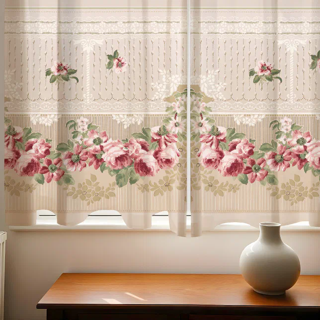 Elegant Romantic Victorian Pink Floral Sheer Curtains | Zazzle
