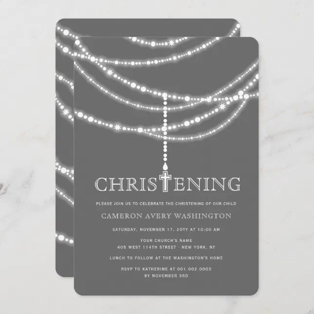 Elegant Rosary Cross Sparkles Christening Invite | Zazzle