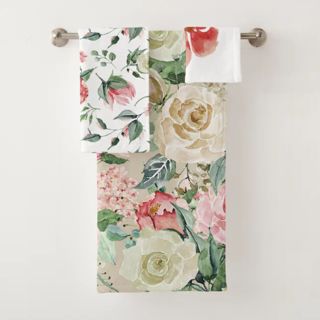 Elegant Rose and Cream Floral Watercolor Bath Towel Set | Zazzle