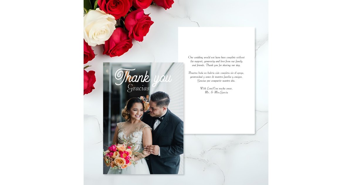 Elegant Rose Bilingual Flat Thank You Card | Zazzle