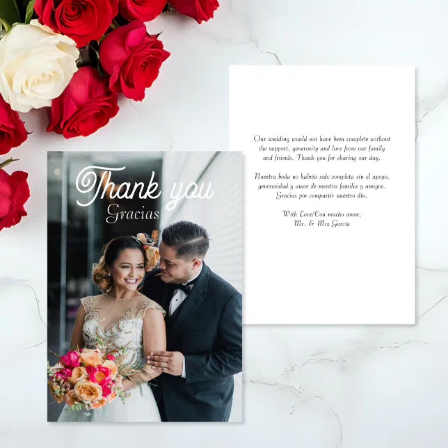 Elegant Rose Bilingual Flat Thank You Card | Zazzle