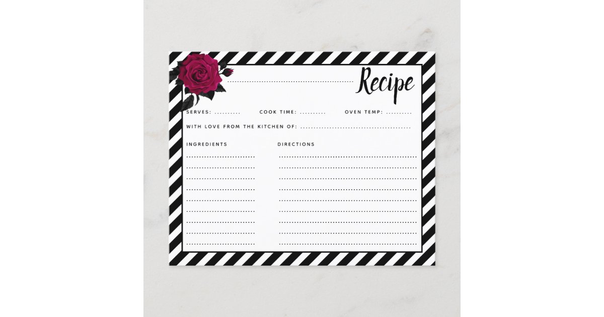 Elegant Rose Black Stripes Goth Bridal Recipe Card | Zazzle