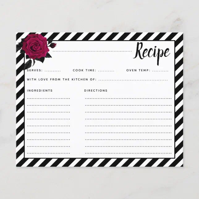 Elegant Rose Black Stripes Goth Bridal Recipe Card | Zazzle