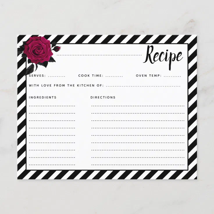 Elegant Rose Black Stripes Goth Bridal Recipe Card | Zazzle