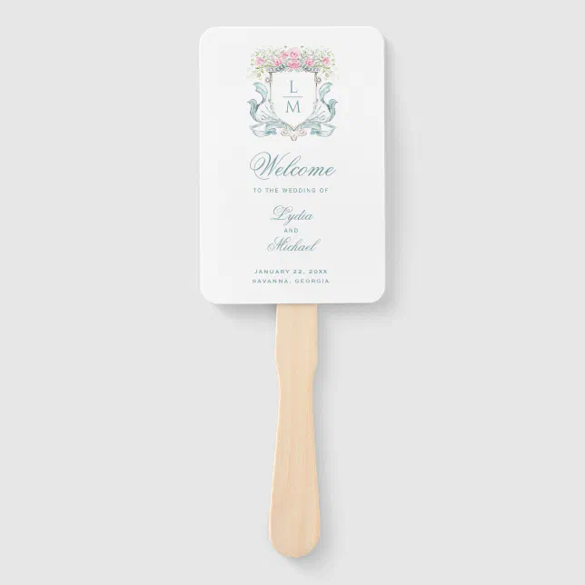 Elegant Rose Crest Monogram Wedding Program Hand Fan | Zazzle