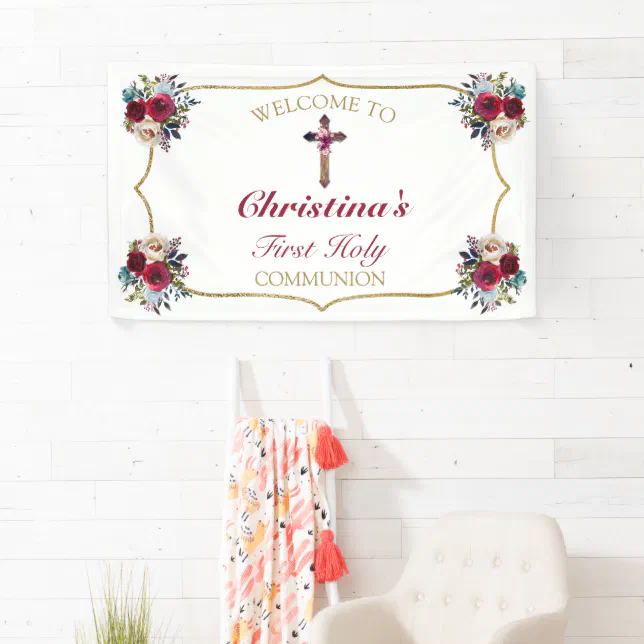 Elegant Rose Floral Gold First Holy Communion Banner | Zazzle