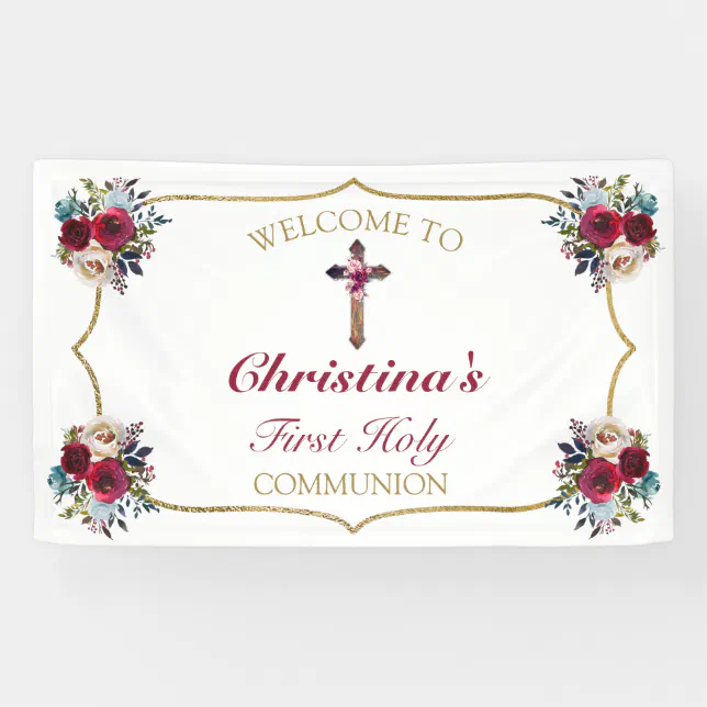 Elegant Rose Floral Gold First Holy Communion Banner | Zazzle